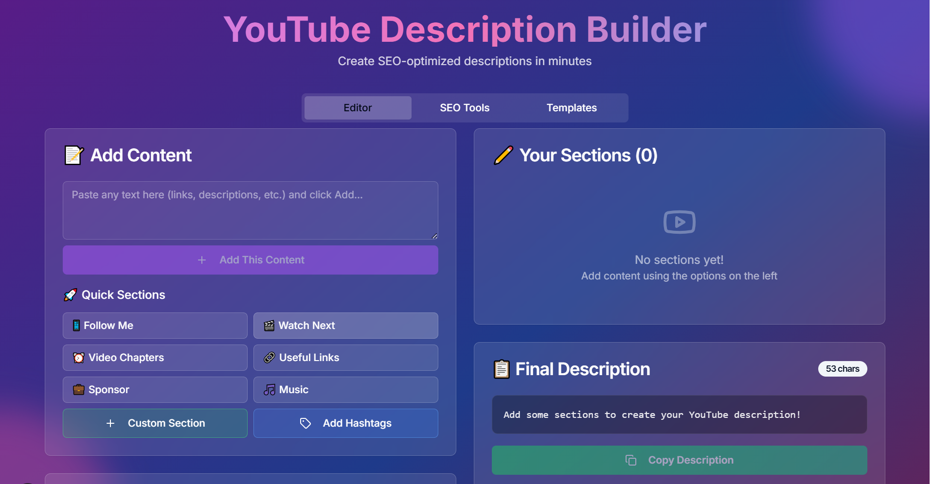 YouTube Description Builder - Create Professional Video Descriptions | Free SEO Tool